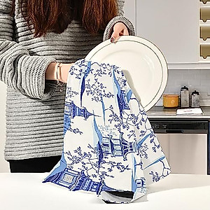 pnyoin Vintage Ink Pagodas Chinoiserie Style Kitchen Dish Towels with Hanging Loop Dishcloths Dish Rags Bar & Tea Towels Highly Absorbent Set of 4 for Cooking Drying Cleaning 18x28in