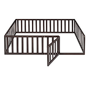 Lepfun Floor Bed,Full Size Wood Daybed Frame with Fence for Kids,Boys and Girls,Wooden Floor Bed for Kidroom and Bedroom,Noise Free,Easy to Assemble,No Limited Weight Capacity,Walnut