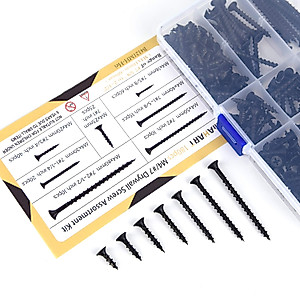 MIAHART 180 Pcs #7 Drywall Screw Assortment Coarse Thread harp Point Self Tapping Screws 7 Sizes Wood Screws for Drywall Sheetrock Wood Furniture and Cabinet (Black)