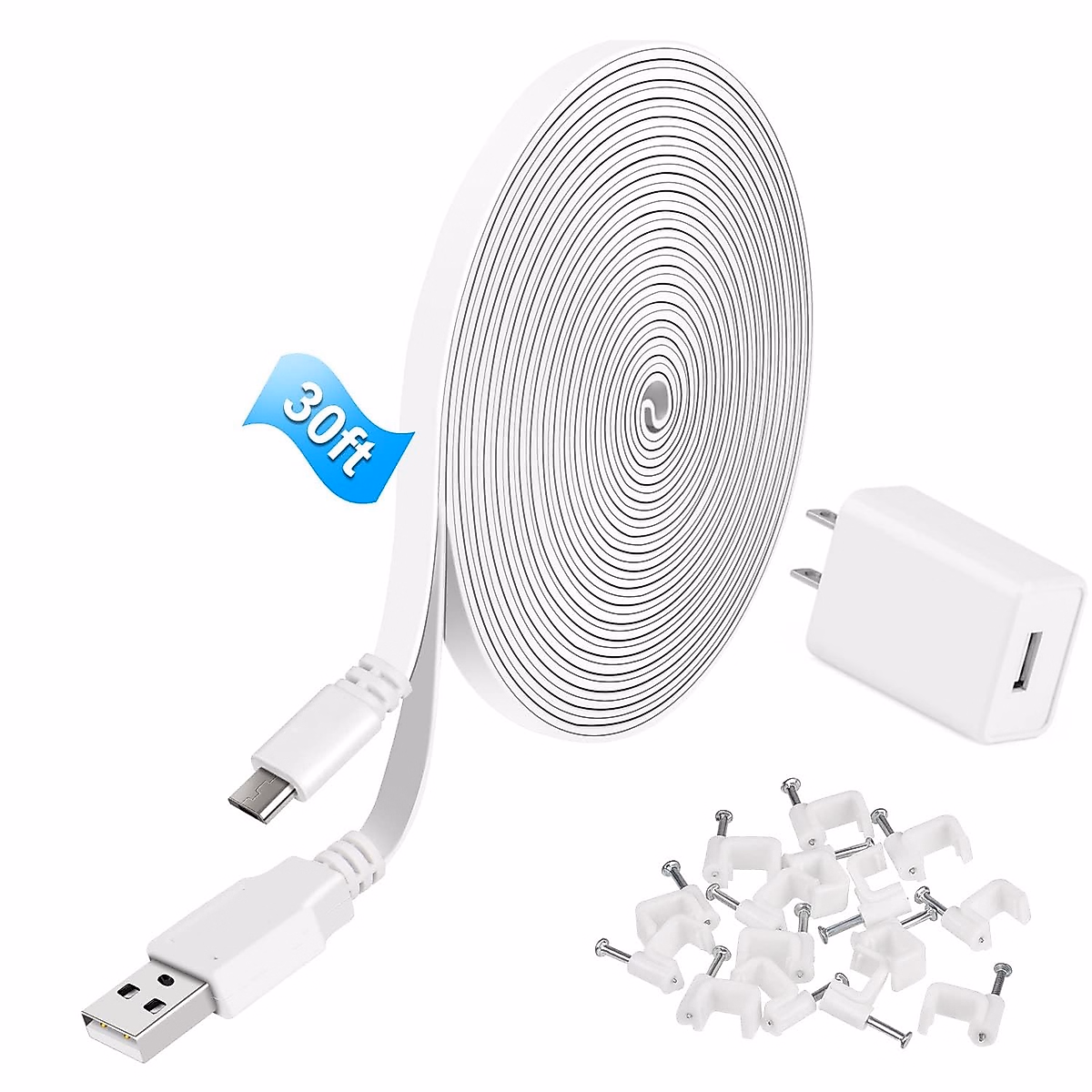 30FT Flat Power Extension Cable for Wyze Cam v4/v3/OG/v3 Pro, Blink Mini, Kasa Indoor, Blink Mini Pan, SimpliSafe, 9m Long Micro USB Charging Cord with 5V 2A Adapter(Not for Wyze Pan v3)