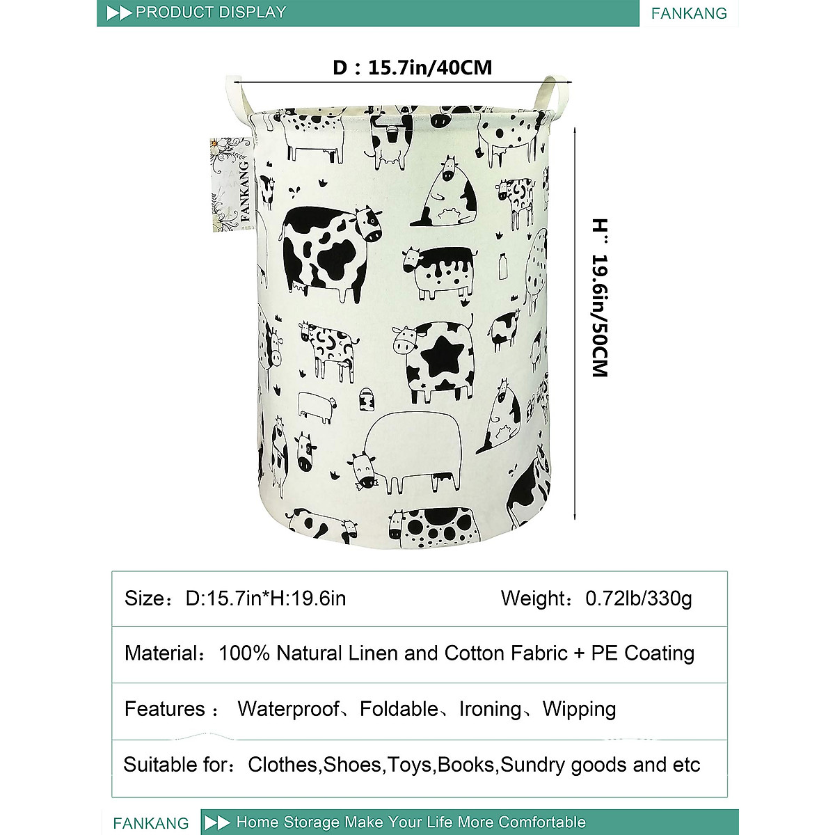 FANKANG Storage Basket, Nursery Hamper Canvas Laundry Basket Foldable with Waterproof PE Coating Large Storage Baskets for Kids Boys and Girls, Office, Bedroom, Clothes,Toys（Cows）