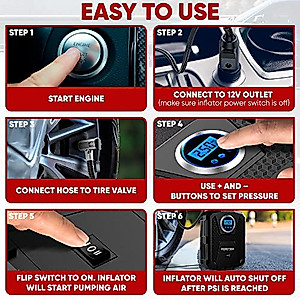 FORTEM Tire Inflator Portable Air Compressor 150 PSI, 12V Electric Bike Pump for Car Tires and Bicycles with LED Light, Digital Tire Pressure Gauge w/Auto Pump/Shut Off, Carrying Case (Black)