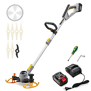 Cordless Weed Wacker String Trimmer, Electric Weed Eater Brush Cutter with 3 Types Blades, Adjustable Height Grass Trimmer/Edger for Garden and Yard (Battery & Rapid Charger Included) (Yellow)