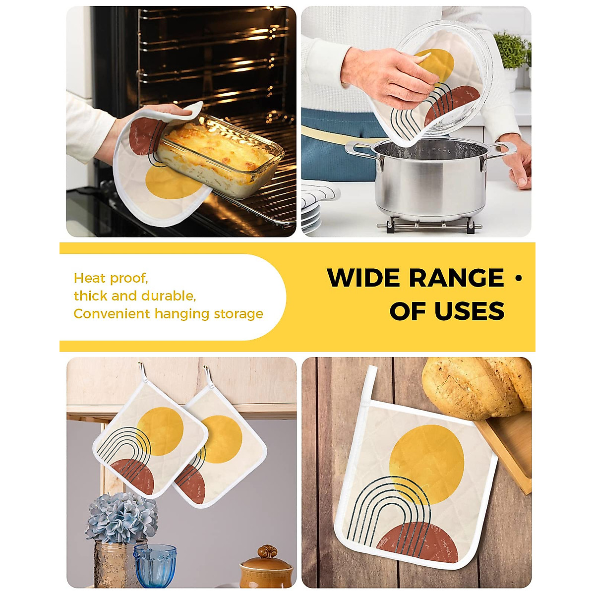 Pot Holder Set of 4 Mid Century Boho Sun Abstract Potholder Heat Proof Non-Slip Pot Holders,Minimalist Terracotta Aesthetic Hot Pads Potholders for Kitchen Cooking Baking BBQ