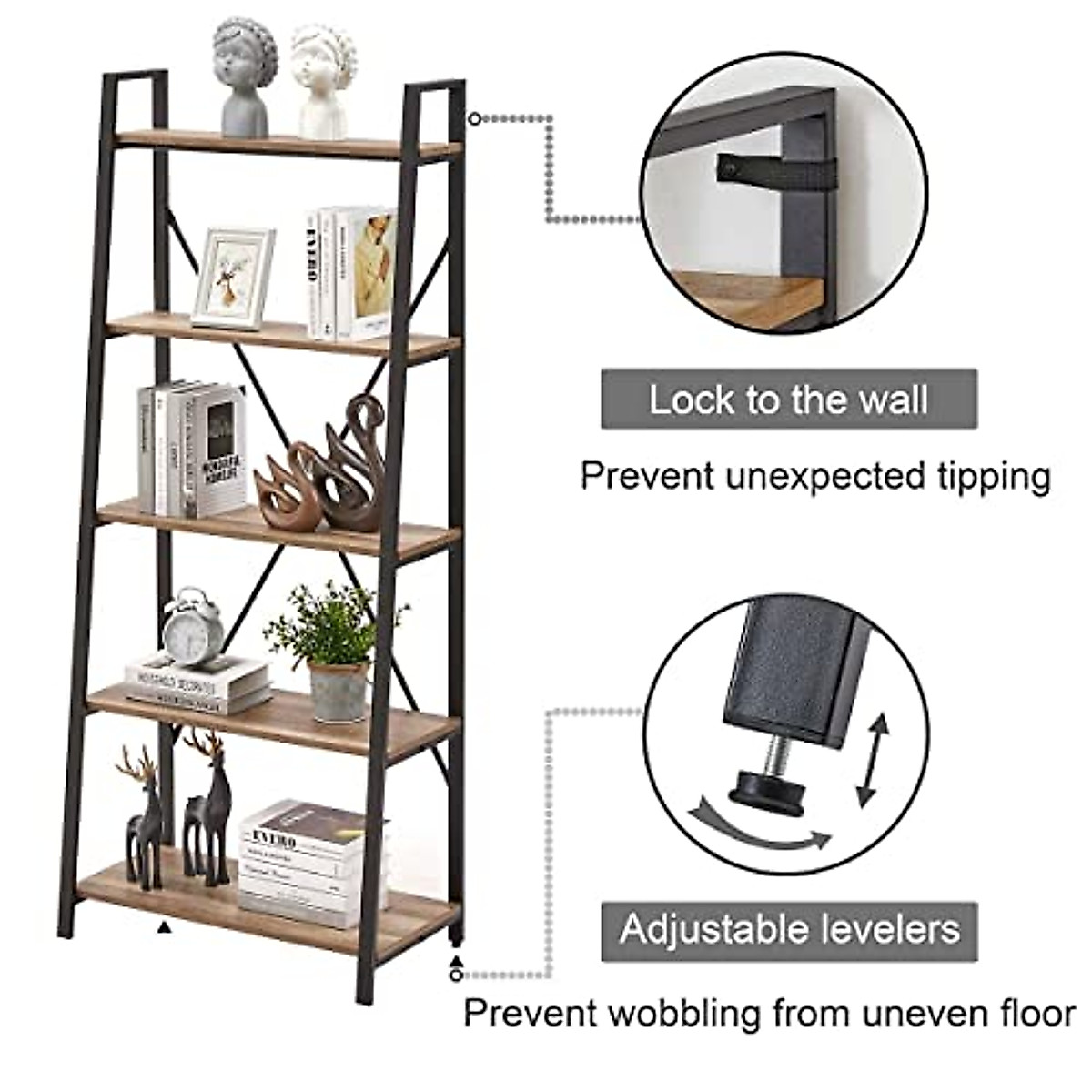 BON AUGURE Rustic Ladder Bookshelf Bookcase, Industrial 5 Tier Ladder Shelf Shelving Unit, Wood and Metal Leaning Shelves for Living Room (Vintage Oak)