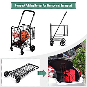 Byroce Utility Folding Shopping Cart, Light Weight Trolley with Handle, Large Grocery Utility Cart with Swiveling Wheels and Dual Storage Baskets, Ideal for Laundry Book Luggage Travel (Black)