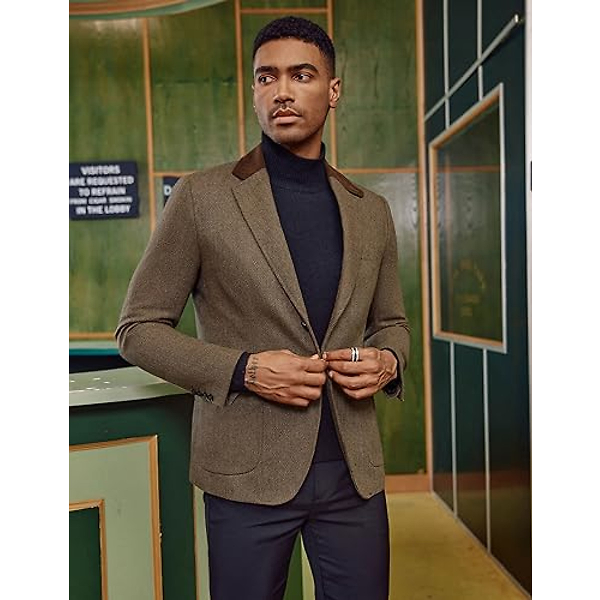 Mens Herringbone Blazer Vintage Tweed Blazer British Wool Blend Sport Coat Light Coffee L