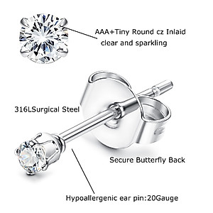 LOLIAS 18 Pairs Tiny Stud Earrings Small Stainless Steel Cartlidge Ear Studs Set for Multiple Piercing Hypoallergenic 2MM CZ Earrings for Men Women Mini Round Ball Earrings