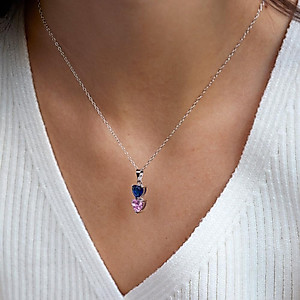2 Stone Simulated Birthstone Heart Necklace (16"), 925 Sterling Silver Heart Drop Necklace for Women - Personalized Necklaces - Gifts for Mom