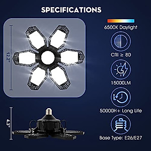 OUSHASAA 2-Pack 150W Garage Lights Ceiling LED, 15000LM 6500K Bright LED Shop Lights, Deformable E26/27 Screw in Garage Lights with 6+1 Adjustable Panels for Workshop, Basement, Barn, Warehouse