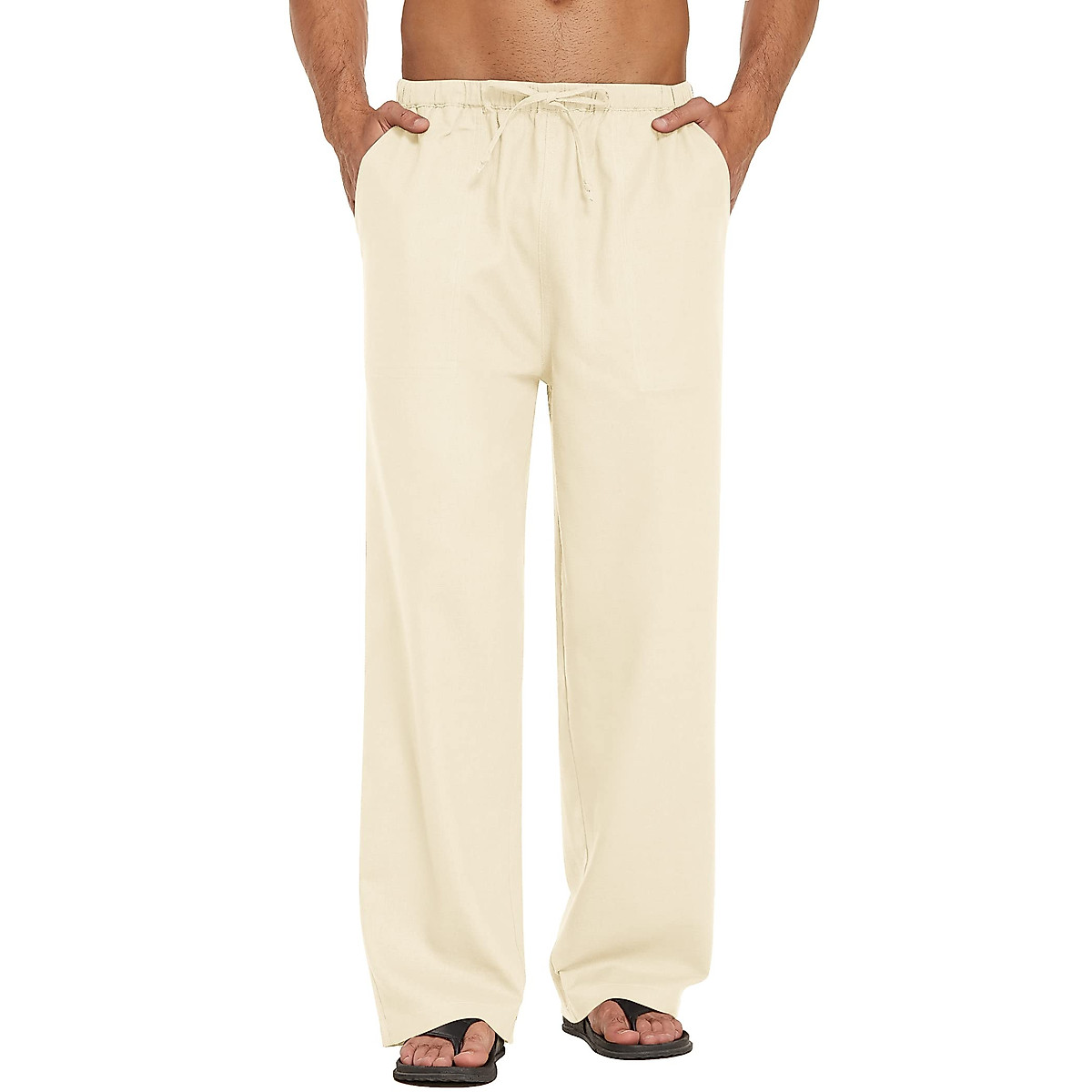 COOFANDY Men Linen Yoga Beach Cool Long Pants Stretchy Drawstring Waist Trousers