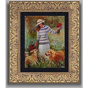 (SOLD) The Puppies and Poppies - female figure and Golden Retrievers by internationally renown painter Yary Dluhos