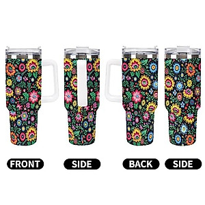Polish Folk Art Floral Pattern 40OZ Tumbler Stainless Steel Travel Mug Water Bottle Car Cup Tea Cups with Lid White-style