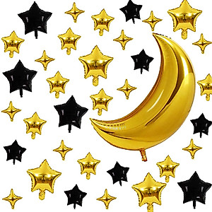 AnnoDeel 37 pcs Moon Star Mylar Balloons, 36inch Big Gold Moon Balloons and Gold Black Star Foil Balloons for Baby Shower Birthday Wedding PartyDecorations