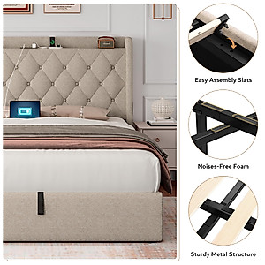 iPormis King Size Lift Up Storage Bed Frame with Charging Station, Upholstered Platform Bed Frame with Tufted Headboard, Hydraulic Storage, No Box Spring Needed, Noise-Free, Easy Assembly, Beige