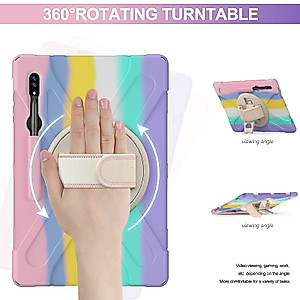 Shockproof Case for Galaxy Tab S8 Ultra 14.6 Inch 2022, Heavy Duty Rugged Cover with 360 Rotating Hand Belt Shoulder Strap S Pen Holder for Samsung Tab Ultra 14.6'' Tablet, Colorful Pink