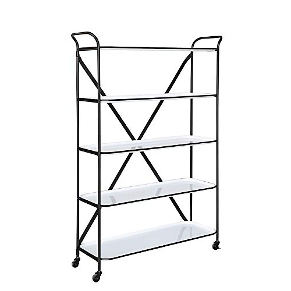 Creative Co-Op 5-Tier 66" H Tray-Style Enameled Metal Unit with Locking Caster Wheels Shelves, White