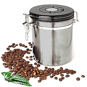 Mixpresso 16Oz Coffee Canister, Stainless Steel Airtight Coffee Container, Ground Coffee Bean Storage with Date Tracker, Vacuum Sealed Espresso Airtight Container, Coffee Jar, Sugar Container