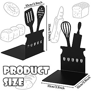Black Kitchen Bookends 5.9 x 3.9 x 3.9 Inch Spoon Decorative Cookbook Metal Book Ends with Non-Slip Mat Metal Cookbook Storage Books Stoppers Metal Kitchen Cookbook Holder for Shelves Kitchen Book