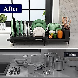 Kitsure Kitchen Dish Drying Rack - Extendable Dish Rack w/Large Capacity, Dish Rack for Kitchen Counter, Multipurpose Dish Drainer w/Detachable Brackets for Pot Lids, Dishes-4063