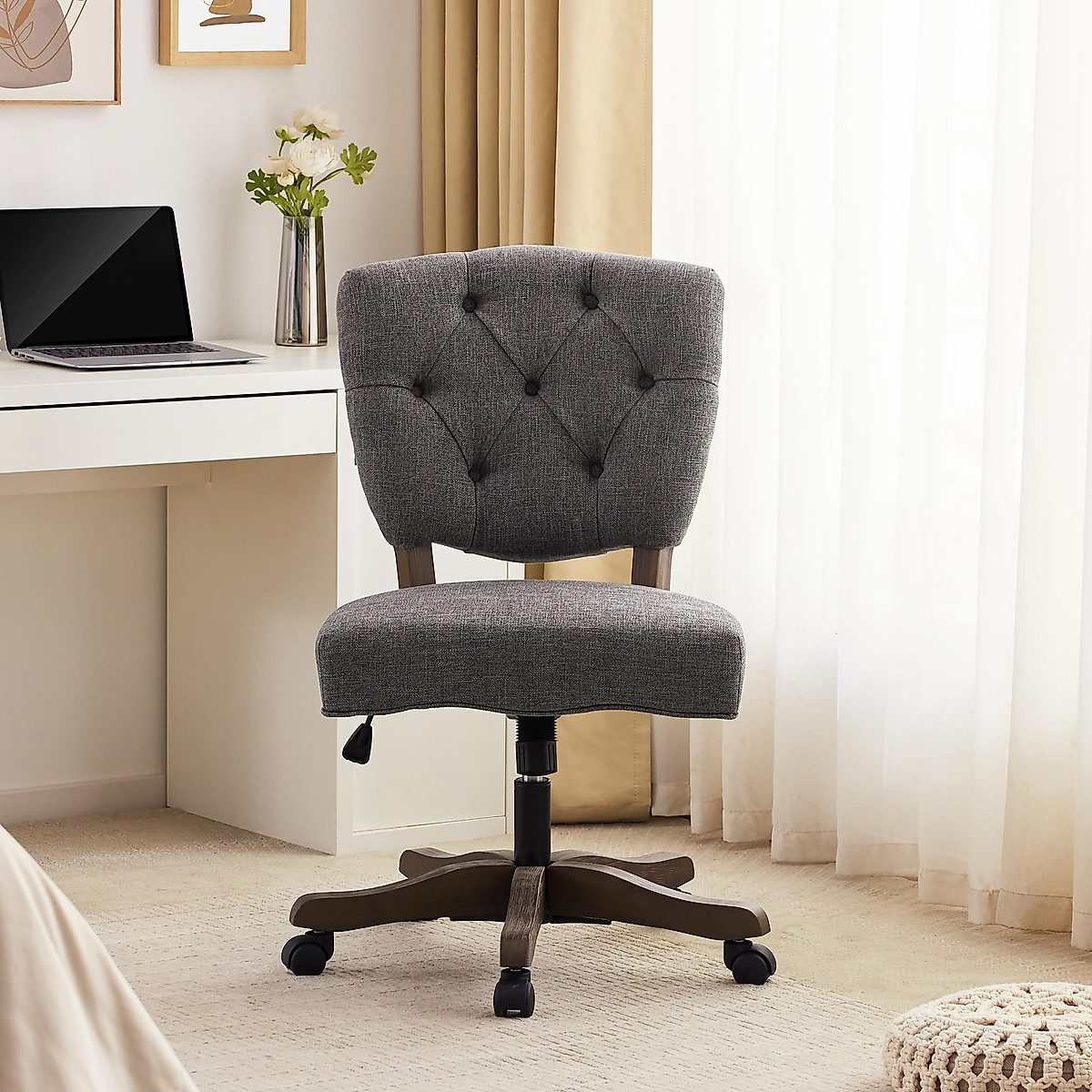 HUIMO Upholstered Swivel Desk Chair Chenille Tufted Fabric Home Office Chair with Wheels Adjustable Height Classic Task Chair with Wooden Legs Comfortable Armless Chair for Studio Study (Grey)
