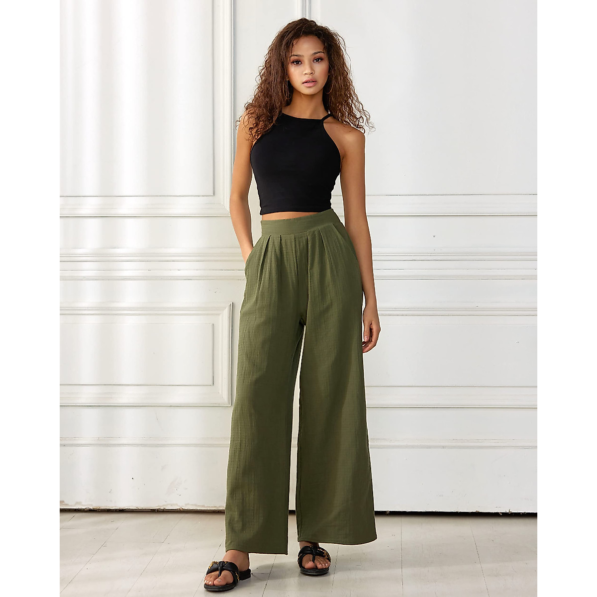 noflik Women's Cotton Smocked High Waist Straight Wide Leg Palazzo Lounge Pants (Olive, L)