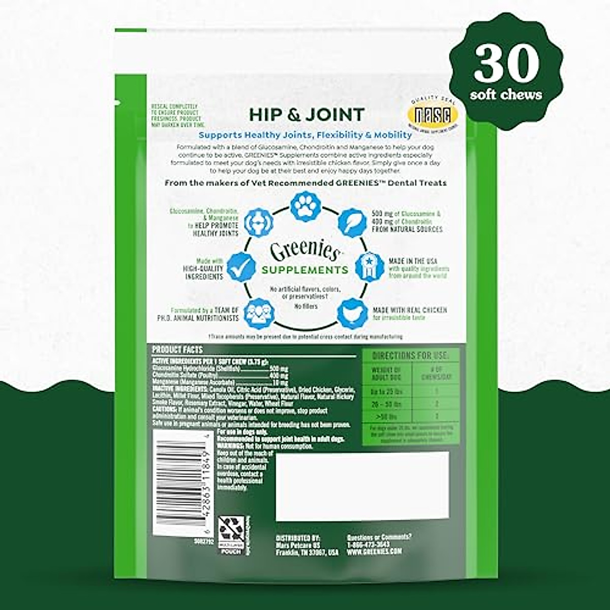 Greenies Supplements Hip and Joint Supplements for Dogs, Chicken Flavor, 30 Count Soft Chews Dog Joint Supplements, 6.08 oz.