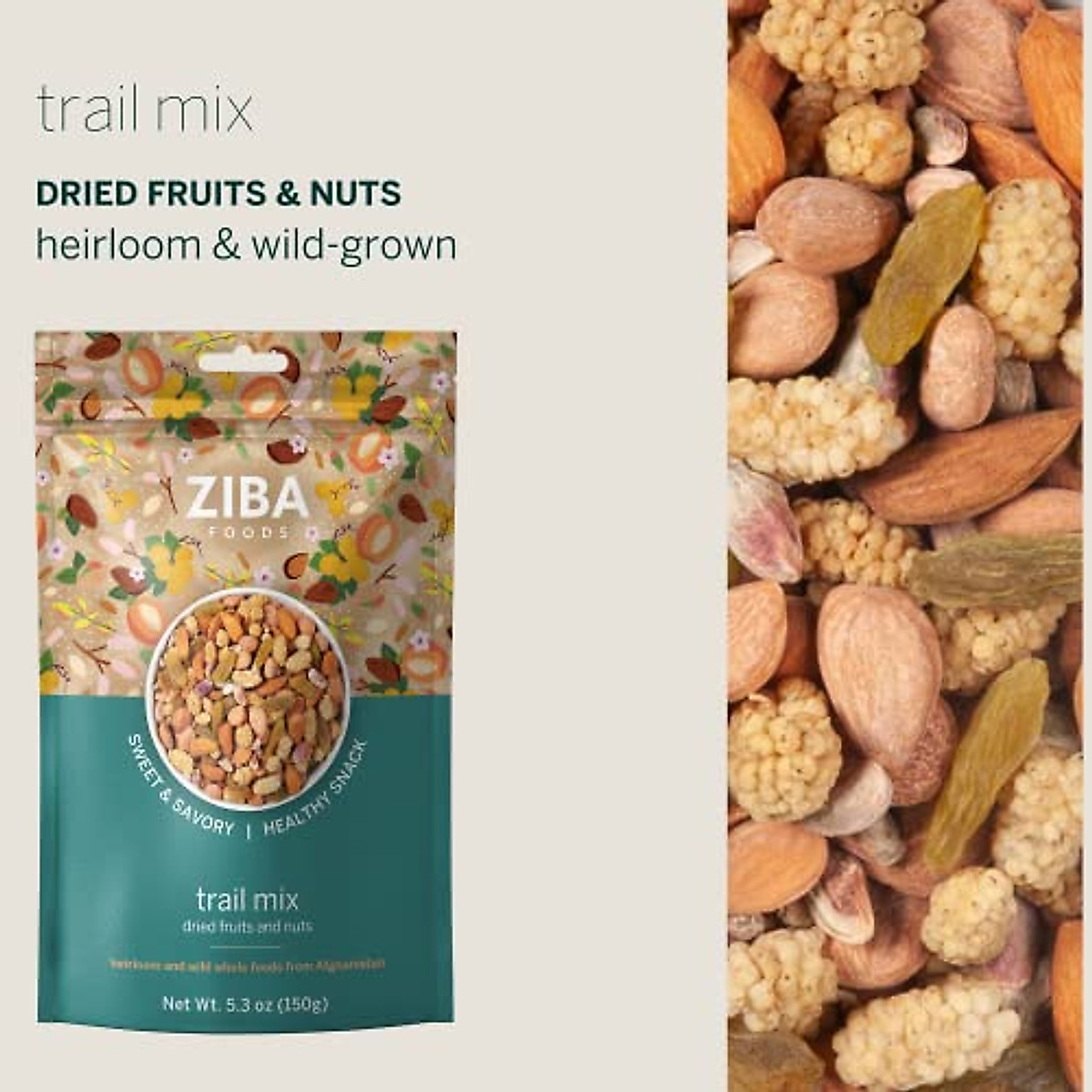 Ziba Foods Trail Mix - Sweet Apricot Kernels, Mulberries, Raisins, Almonds & Pistachios - Non-GMO, Vegan, Whole 30 Friendly & Paleo - High in Fiber, Iron & Antioxidants | Sweet & Savory Snack, 5.3 oz
