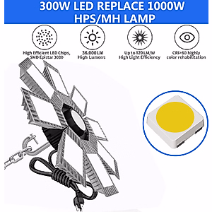 LED High Bay Lights, US Plug Garage light fixtures 300W 36000LM 6500K equivalent to 800W HPS with a free American hook 5 foot power cord for Barn,Workshop,Basement, Garage lighting(Silver, 2Pack)