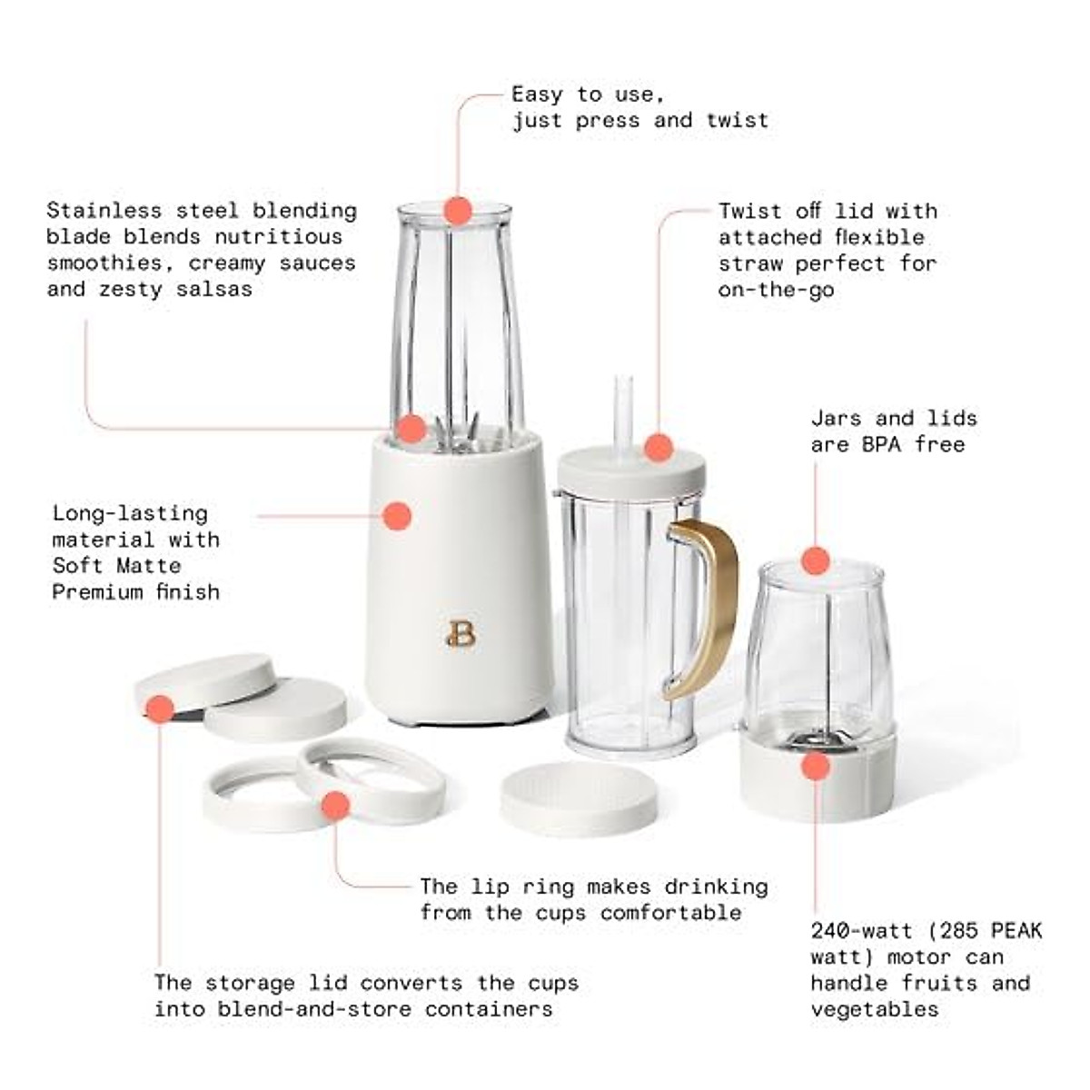 Beautiful Personal Blender Set with 12 Pieces, 240 W, (White Icing) by Drew Barrymore