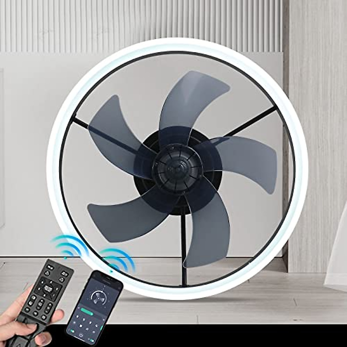 LCYFBE 20" Modern Ceiling Fan with Light, Dimmable LED 6 Speeds Reversible Blades Timing with Remote Control, Semi Flush Mount Low Profile ceiling fan with light for home bedroom, Black