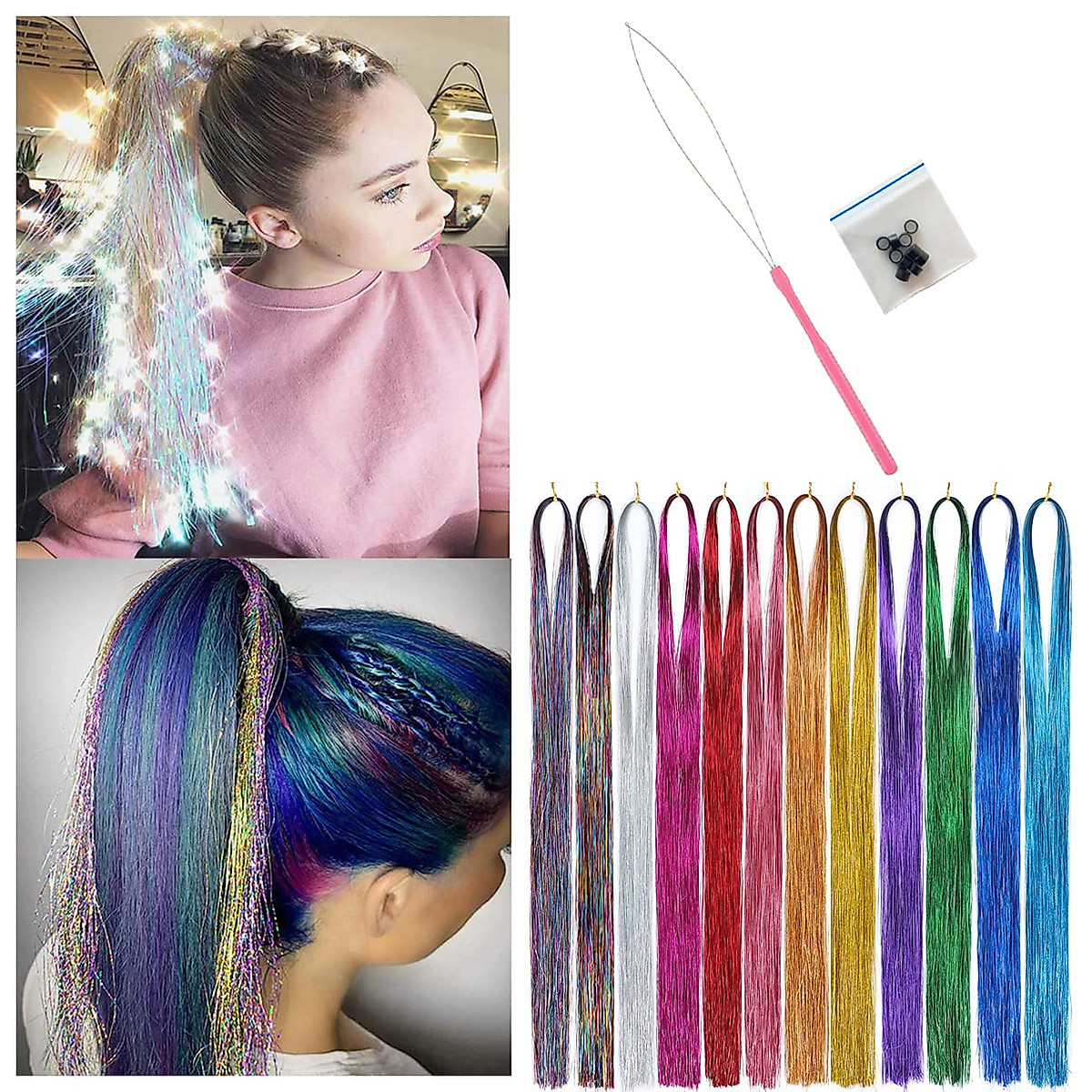 UPTOUP 46 inch Hair Tinsel Kit with Tools 12 Colors 2000 Strands Glitter Sparkling Shiny Hair Extensions Silk Fairy (12 colors)