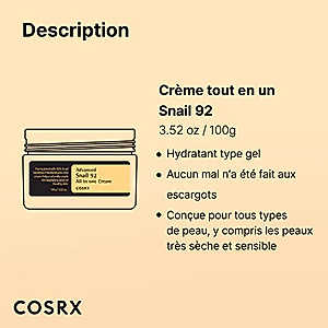 COSRX Snail Mucin 92% Repair Cream 3.52 oz, 100g, Daily Face Gel Moisturizer for Dry Skin, Acne-prone, Sensitive Skin, Not Tested on Animals, No Parabens, No Sulfates, No Phthalates, Korean Skincare