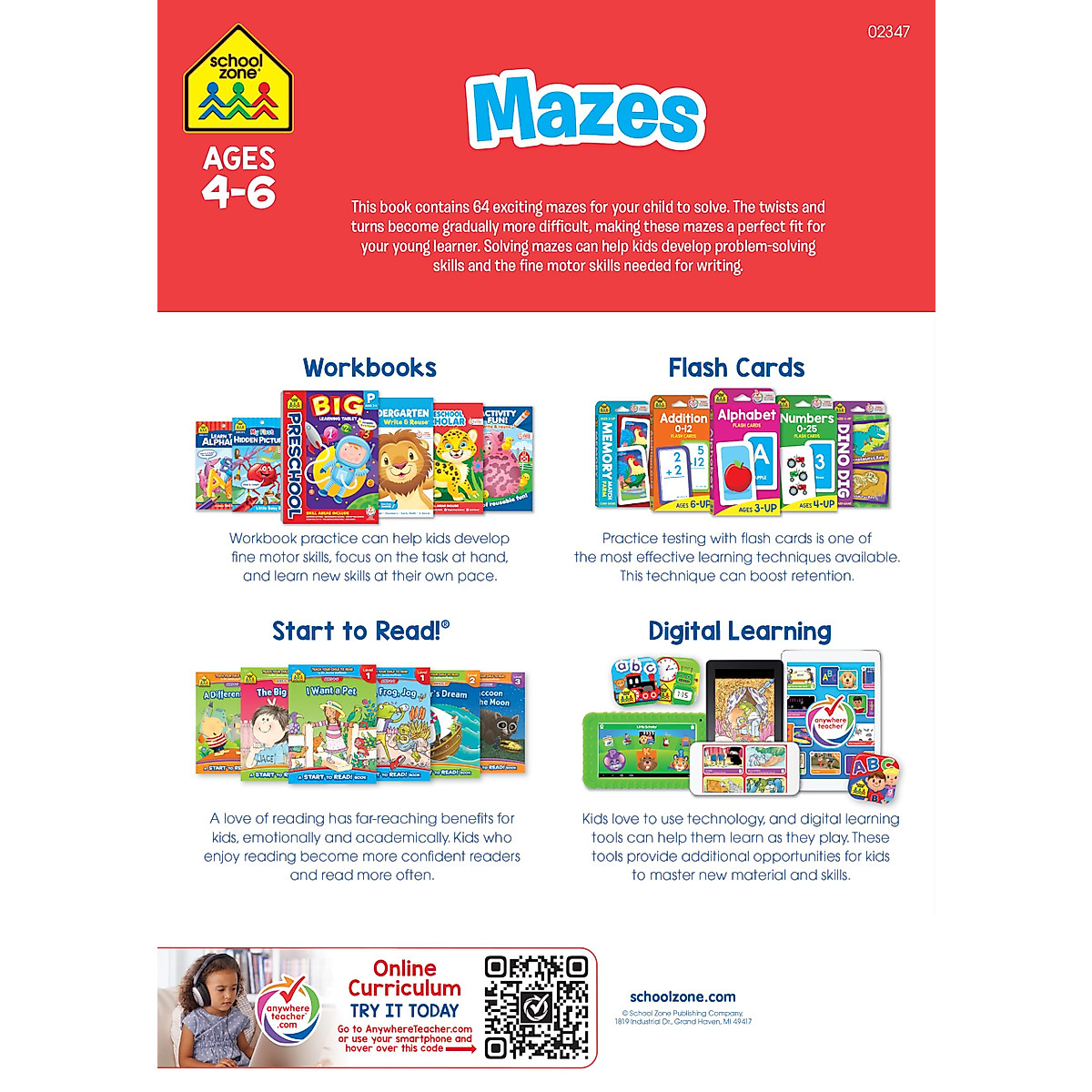 School Zone - Mazes Workbook - 64 Pages, Ages 4 to 6, Preschool, Kindergarten, Maze Puzzles, Wide Paths, Colorful Pictures, Problem-Solving, and More (School Zone Activity Zone® Workbook Series)