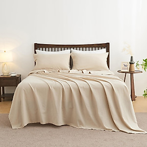 Simple&Opulence Belgian Linen Sheet Set Solid Color - 3 Pieces (1 Flat Sheet, 1 Fitted Sheet & 1 Pillowcase) Natural Flax Cotton Blend Soft Breathable Farmhouse Bedding - Twin Size, Linen/Beige