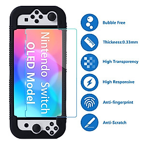 Teyomi Silicone Case for Nintendo Switch OLED with 2 Game Cards Slots, [Kids Friendly] Shockproof Protective Cover with Tempered Glass Screen Protector, Ergonomic Grip Case for Switch OLED, Black