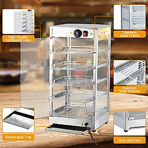 Commercial Food Warmer Display Cabinet, 14-inch 5-Tier, 800-Watt Pizza Warmer with 3D Heating, Bottom Fan, Countertop Pastry Warmer with Temperature Knob/Indicator, Stainless Steel Frame Glass Door