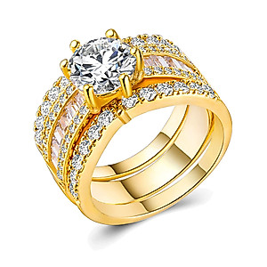 Ahloe Jewelry 2.3Ct Wedding Rings for Women Engagement Ring Set Bands 18k Yellow Gold Three in One Cz 3pcs Size 8
