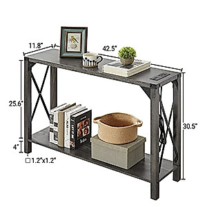 IRCPEN 42.5" Entryway Table with Charging Station, 2-Tier Skinny Sofa Table with Outlet, Industrial Console Table for Entryway, Living Room, Hallway, Foyer (Grey, 42.9" D x 11.8" W x 29.9" H)