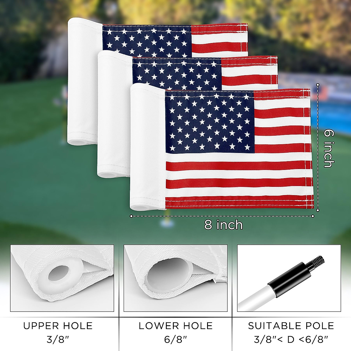 KINGTOP USA Golf Flag 8x6 Inch – Premium Dual-layer 420D Nylon, Double Sided American Pattern Printing, Tube Inserted – Mini Practice Putting Green Flags for Yard, 1-Pack