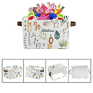 Jungle Safari Animals Personalized Storage Basket ,Custom Storage Bins Cubes Organizer with Handle for Bedroom Wardrobe Nursery Basket 1 Pack