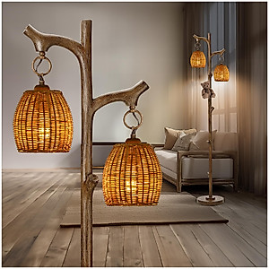 68" High Farmhouse Rustic Country Cottage Floor Lamp Tree Trunk Faux Wood Column Brown Finish Wicker Drum Shade Decor for Living Room Bedroom Reading Room