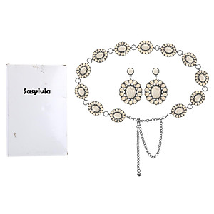 Sasylvia White Turquoise Concho Chain Belt Metal Western Waist Belts for Women Boho Belt Turquoise Drop Earrings (Classic Style)
