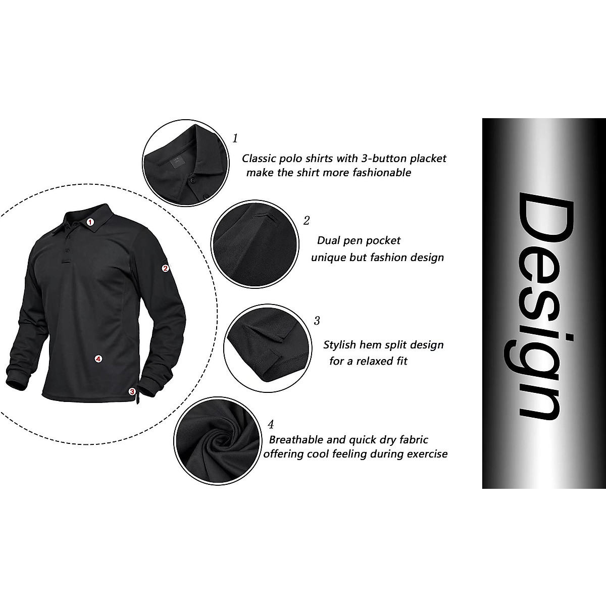 Pique Polo Shirts Men Dry Fit Golf Shirts Long Sleeve Polo Shirts for Men Tactical Polo Mens Polo Wicking T-Shirts for Men Black