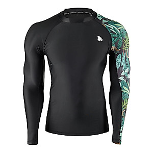 HUGE SPORTS Men's Rash Guard Long Sleeves UPF 50+ UV Sun Protection Quick Drying Splice Compression Swim Shirts Black Leopard