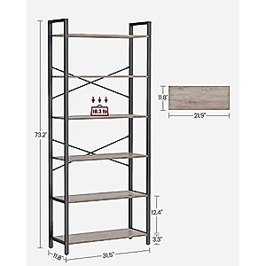 VASAGLE 6-Tier Tall Bookshelf, Large Bookcase with Steel Frame, Deep Book Shelf for Living Room, Home Office, Study, 11.8 x 31.5 x 73.2 Inches, Industrial Style, Greige and Black ULLS082B02
