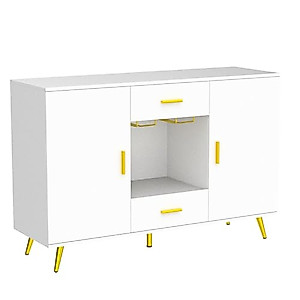 YITAHOME Sideboard Buffet, Buffet Cabinet Storage Credenza w/Adjustable Shelf, Wine Glass Holder, Drawers, Modern White & Gold Dresser 300 lbs Capacity for Living Room, Kitchen, Dining Room, White