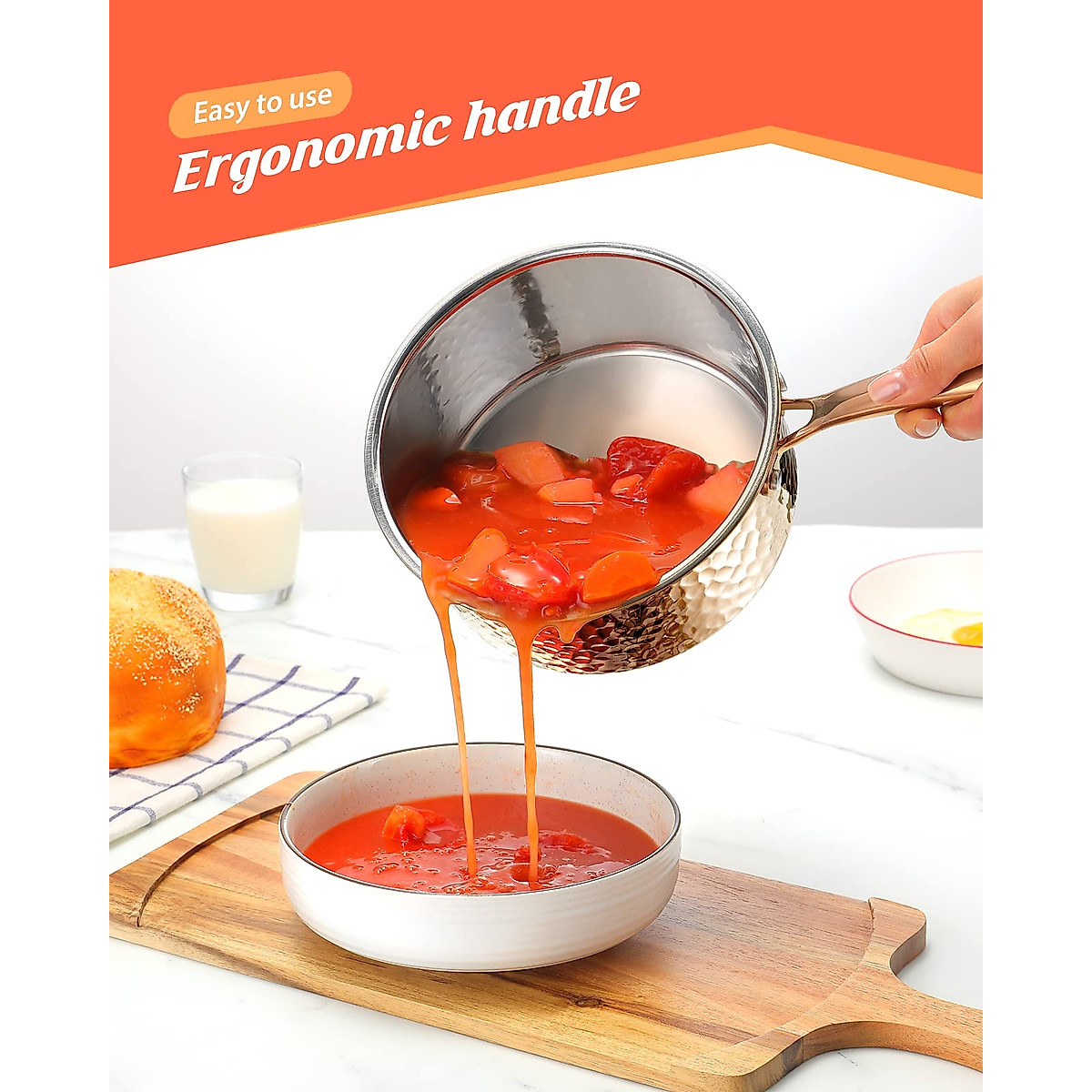 DAEDALUS 2 Quart Uncoated Nonstick Saucepan with Lid, Stainless Steel Pot Triply Hammered Copper for Cooking, Induction Saucepan Cookware for Home Kitchen Restaurant, Dishwasher Oven Safe - Gold