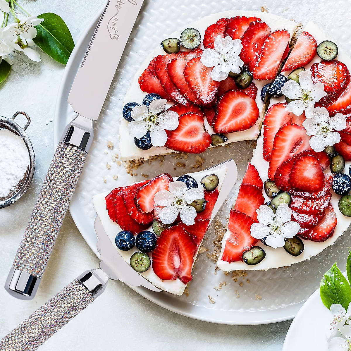 VARLKA Wedding Cake Knife and Server Set, 8oz Crystal Mr and Mrs Champagne Flutes, Wedding Glasses for Bride and Groom, Cake Cutting Set for Wedding, Engagement Gifts