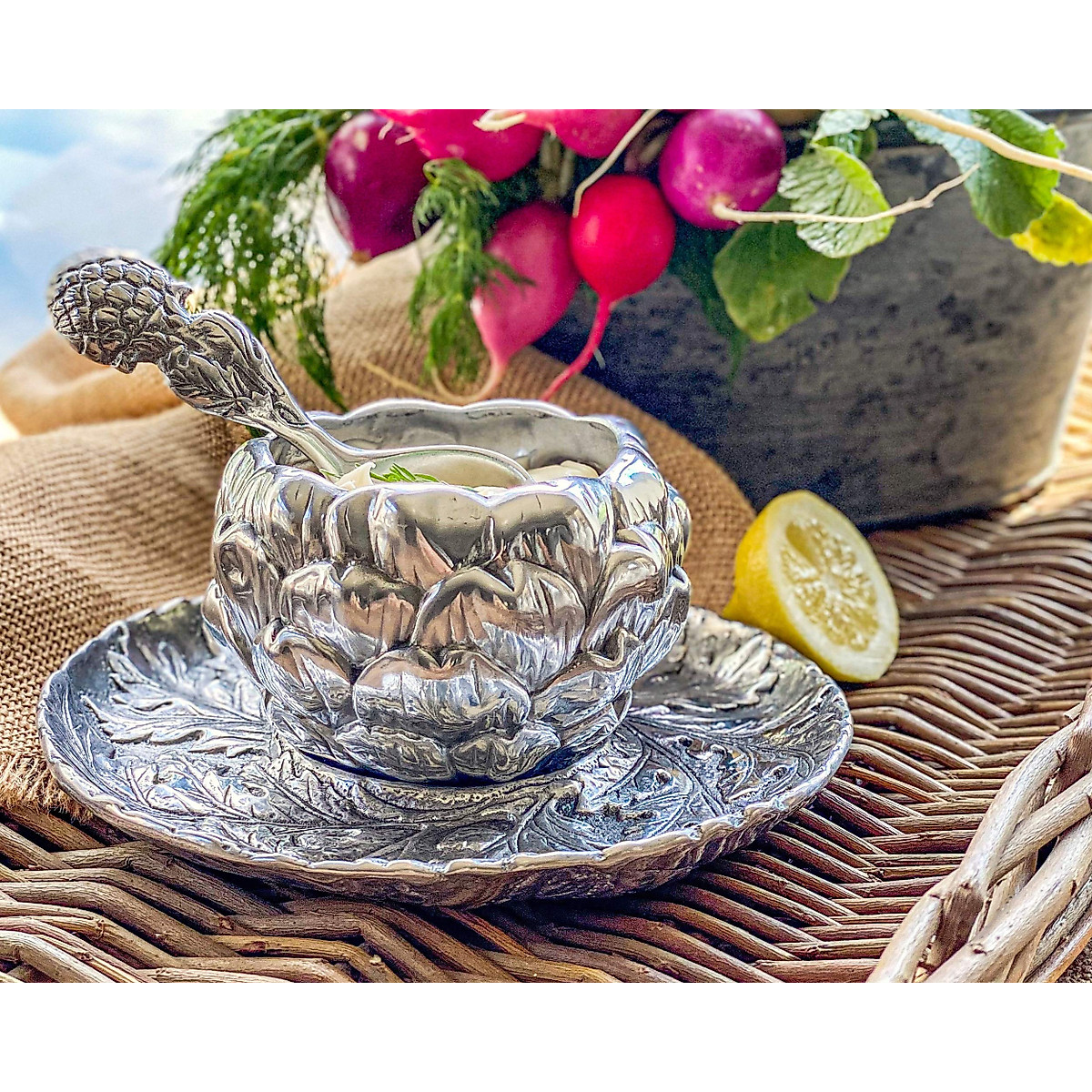 Arthur Court Aluminum Artichoke Condiment Set 3 piece Bowl, Tray, Spoon 7 inch Diameter Tray